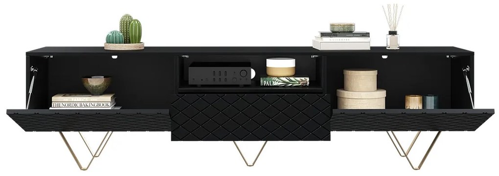 TV stolek Scalia 190 cm s výklenkem - černý mat / zlaté nožky