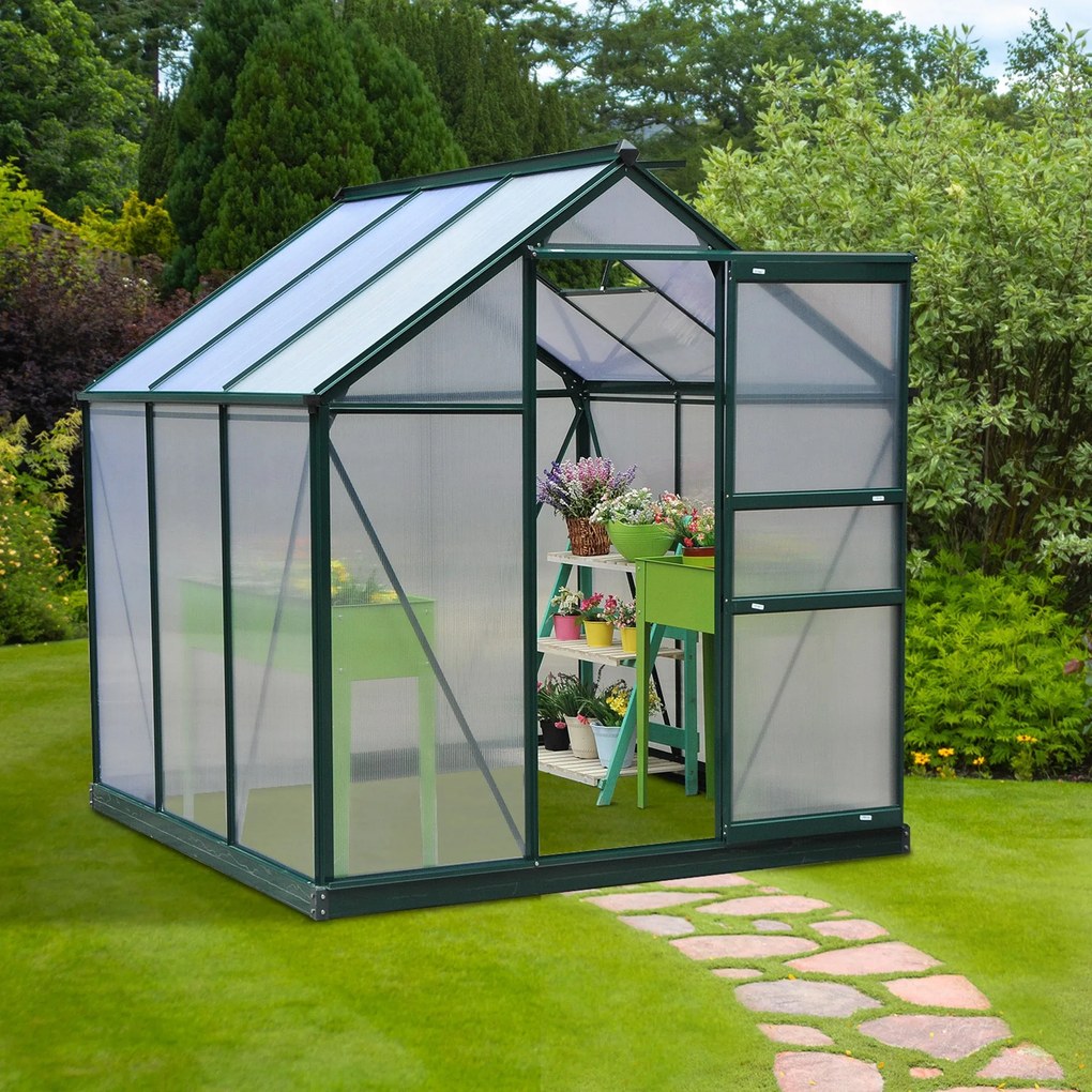 Outsunny Polykarbonátový Zahradní Skleník 3.65m² Hliníkový Zahradní Skleník 190 x 192 x 201cm UV-odolný, s Vyztuženým Základem, Okapy, Střešním Oknem…