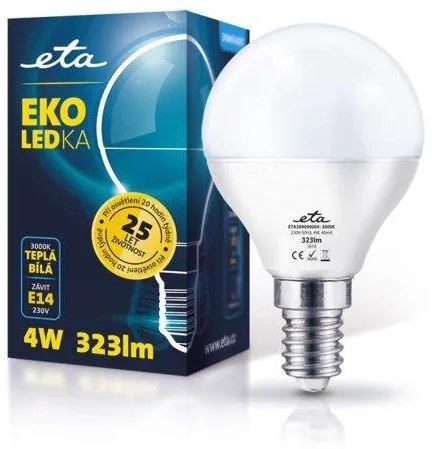 LED Žárovka ETA EKO mini globe, E14, 4W, 3000K, teplá bílá Eta ETAP45W4WW