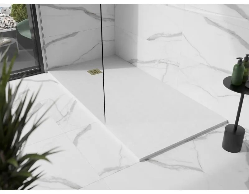 Mexen Stone+, čtvercová vanička z minerálního kompozitu 180 x 100 cm, bílá, zlatá lesklá krytka, 44101018-G