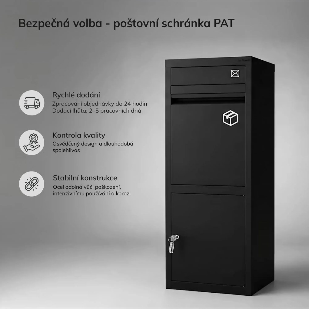 Schránka na balíky a dopisy, balíkový box, kovová, venkovní, uzamykatelná, černá PAT