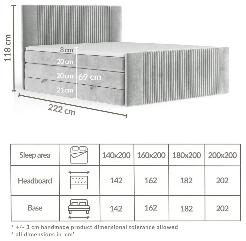 Světle šedá boxspring postel s úložným prostorem 140x200 cm Bergamo – Maison de Rêve