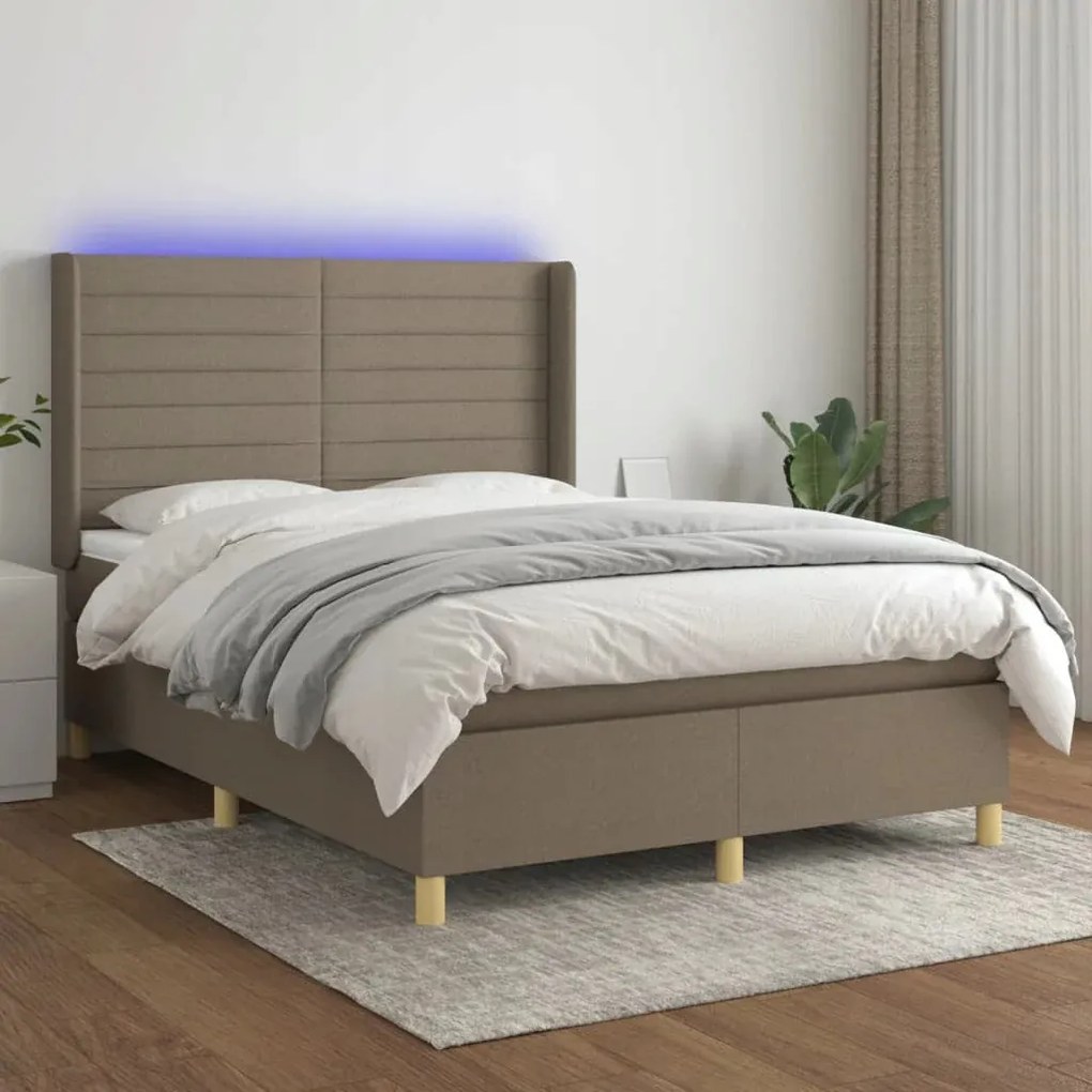 Box Spring Postel S Matrací A Led Textil Taupe vodorovné pruhy 140 x 200