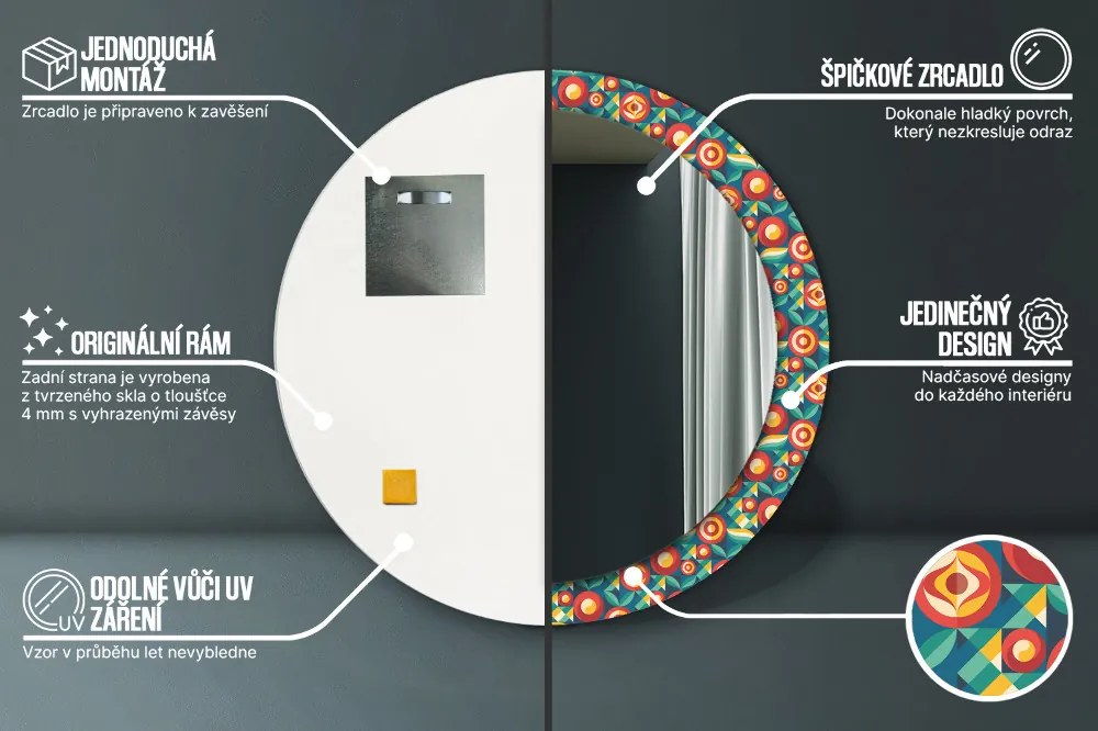 Kulaté zrcadlo tištěný rám Geometrické ovoce a listy fi 90 cm