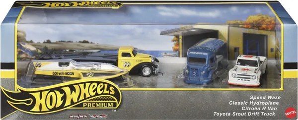 Mattel Hot Wheels Premium Speed Waze, Classic Hydroplane, Citroen H Van, Toyota Stout Drift Truck Vícebarevná