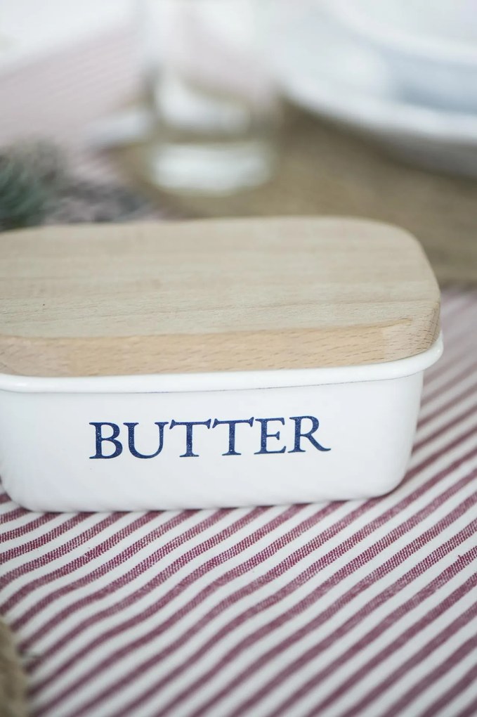 IB LAURSEN Smaltovaná máslenka s dřevěným víčkem White, bílá barva, dřevo, kov
