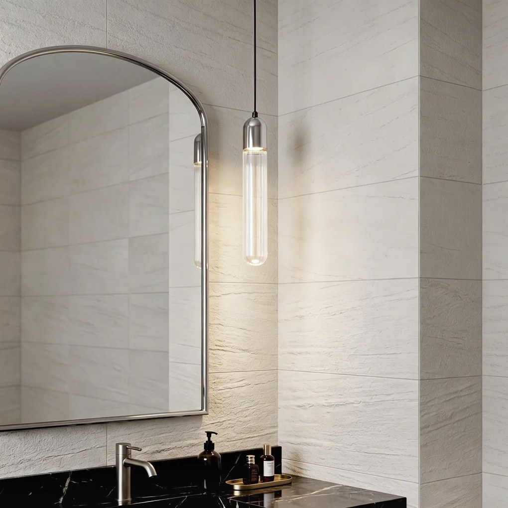 Závěsné svítidlo Art Deco chromové s žebrovaným sklem IP44 - Walcott