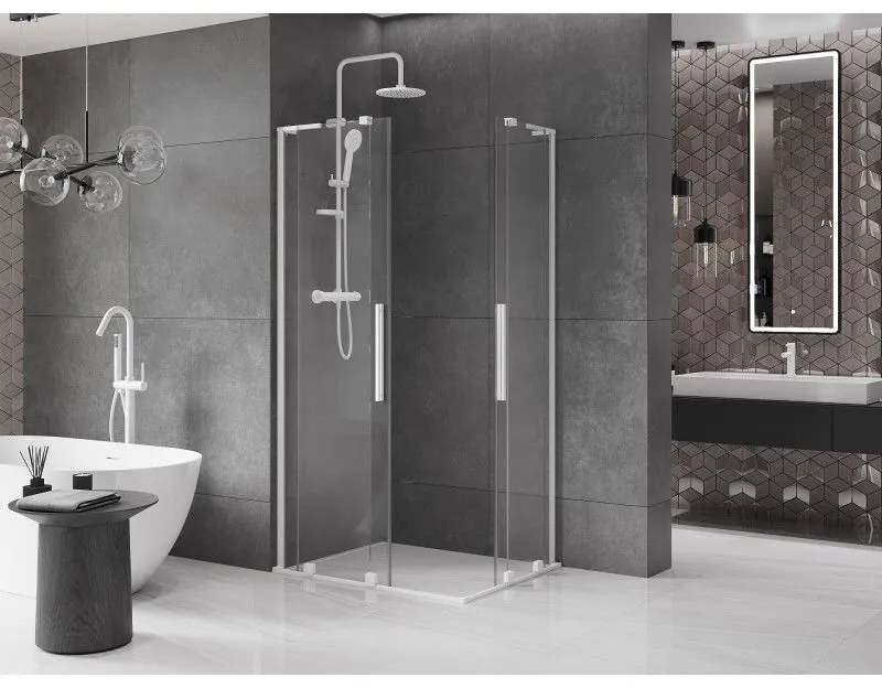 Mexen Velar L Duo, sprchový kout s posuvnými dveřmi 90 x 80 cm, 8mm čiré sklo, bílá matná, 871-090-080-02-03-20