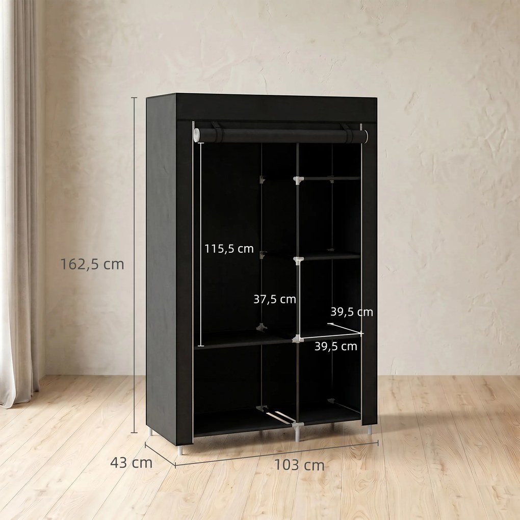 HOMCOM Látková šatní skříň 6 přihrádek fleecový vzhled skládací šatní skříň černá 103x43x162,5cm | Aosom