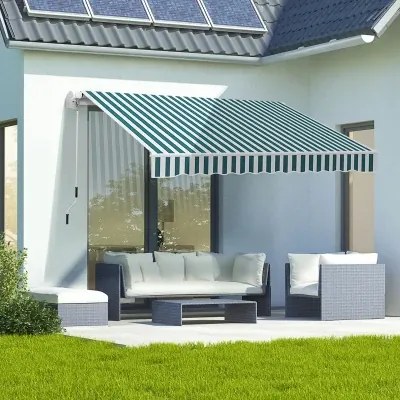 Outsunny markýza, ochrana proti slunci, zatahovací, s ruční klikou, kovový rám, polyester, bílá+zelená, 3,95 x 2,45 m