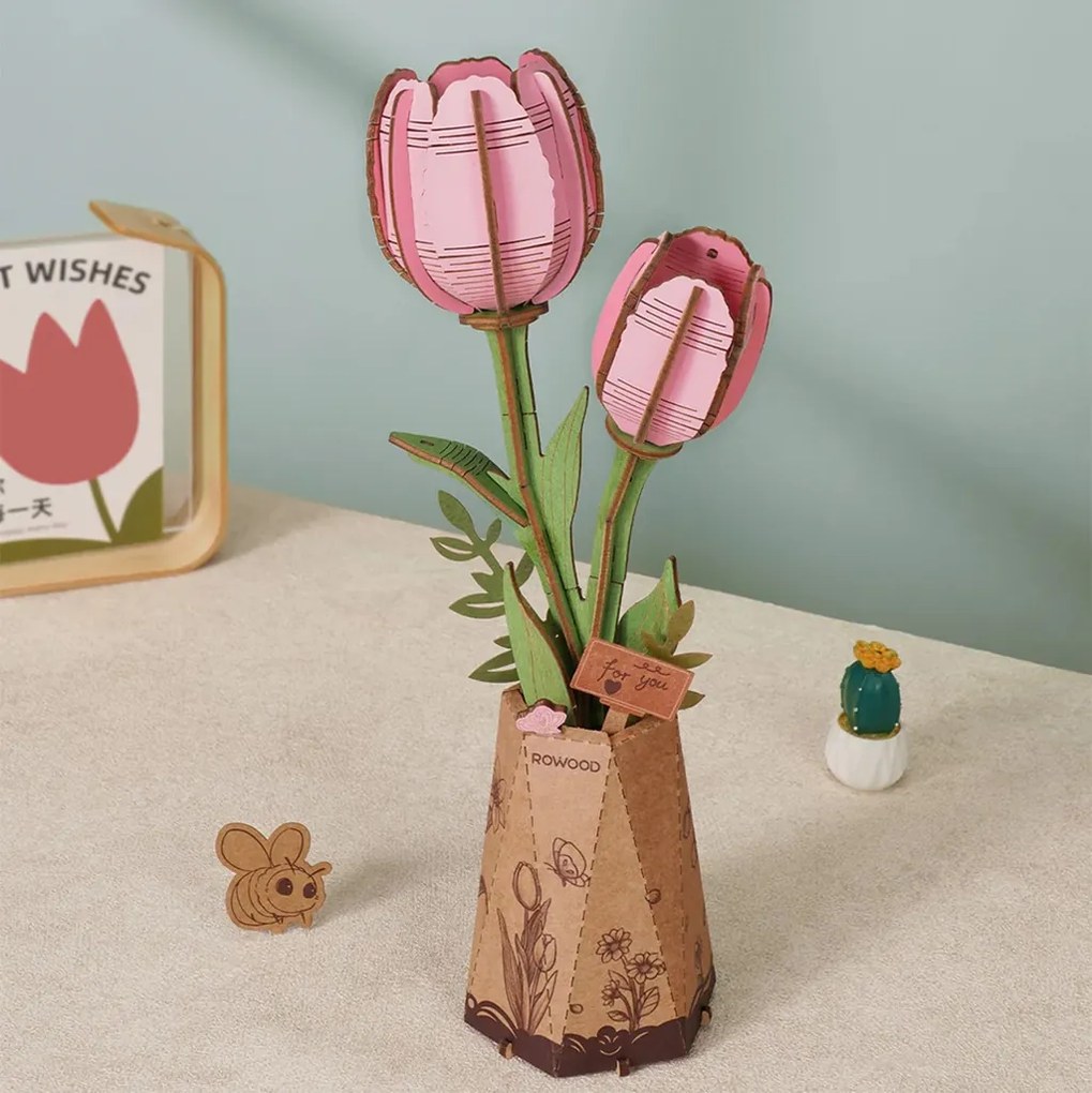 RoboTime 3D dřevěná skládačka Růžový tulipán