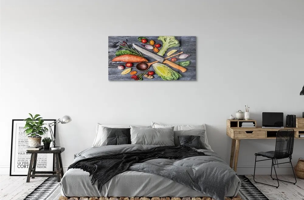 Obraz na skle Nůž vlákna příze špenát rajčata 120x60 cm