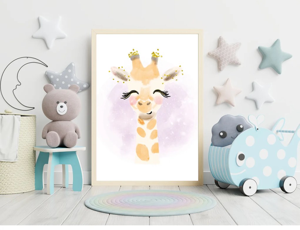 Plakát zvířátka žirafka - Obraz, Plakát Velikost: A3 - 29,7x42 cm, Volba rámu: s bílým rámem, Dekorace: s dekoracemi