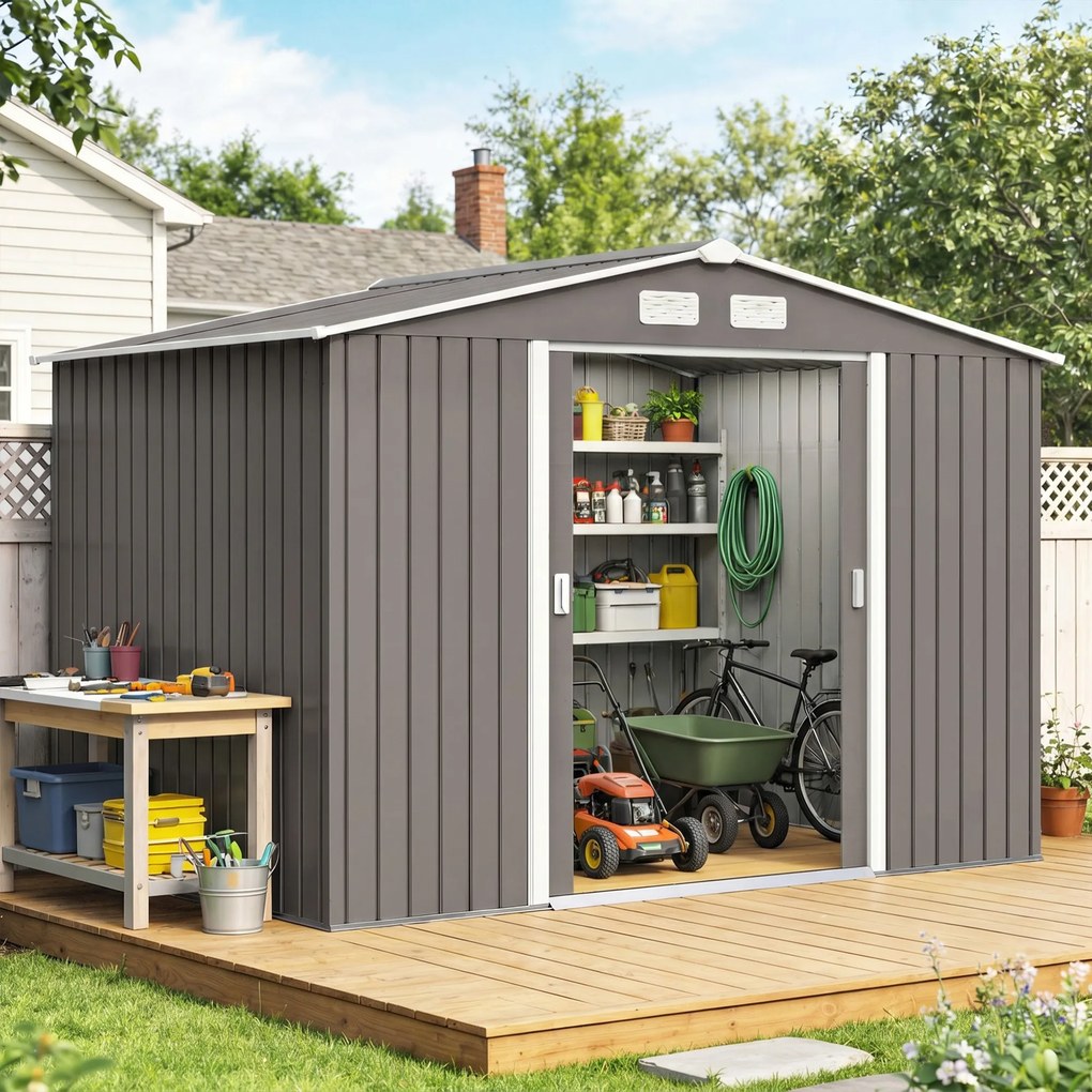 Zahradní kůlna Outsunny 4,9 m² s pultovou střechou, posuvné dveře, základy, 277 x 195 x 192 cm, kůlna z pozinkované oceli, odolná vůči počasí, pro za…