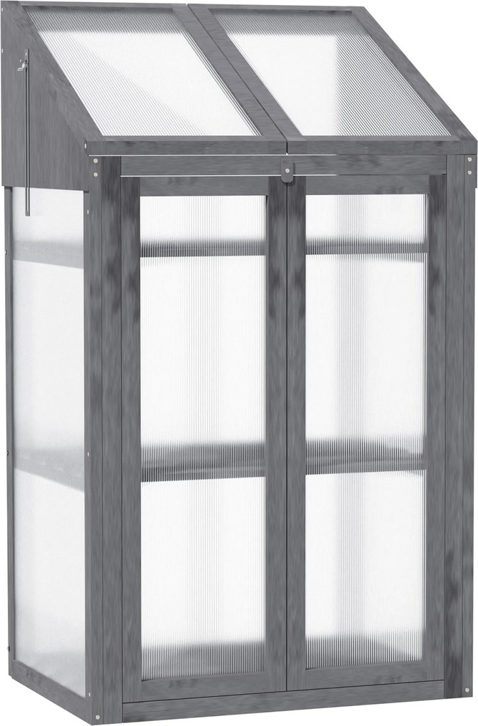Mini-Gewächshaus, kleines Treibhaus mit Holzrahmen, Fenster und Doppeltür, 3 Regale, 70L x 50B x 120H cm, Grau