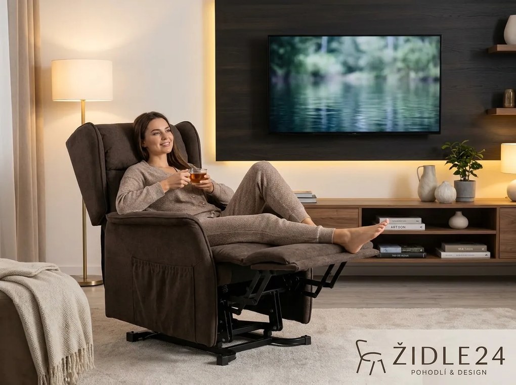 Elektrické polohovací TV křeslo ušák FINN - hnědá látka