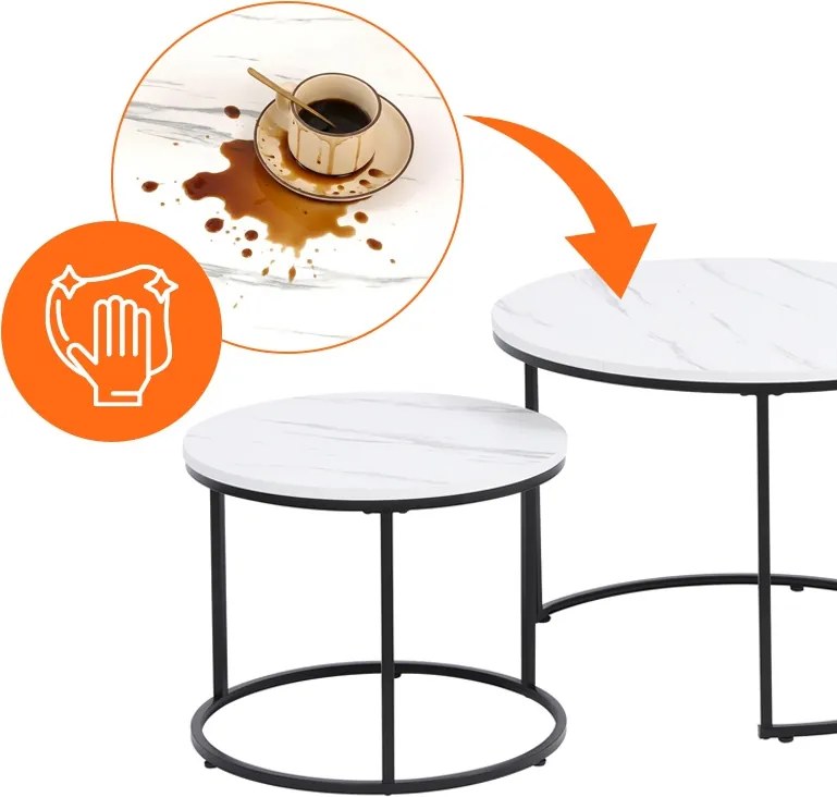 Velaco Set 2 konferenčních stolků TIG-1 70, imitace bílého mramoru/černá