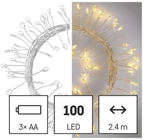 Vánoční osvětlení EMOS D3FW01 100LED nano řetěz stříbrná 2,4m teplá bílá s časovačem