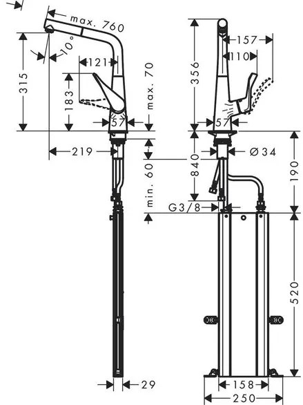 Hansgrohe Metris M71 Dřezová baterie s vytahovací sprškou, EcoSmart, chrom 73828000