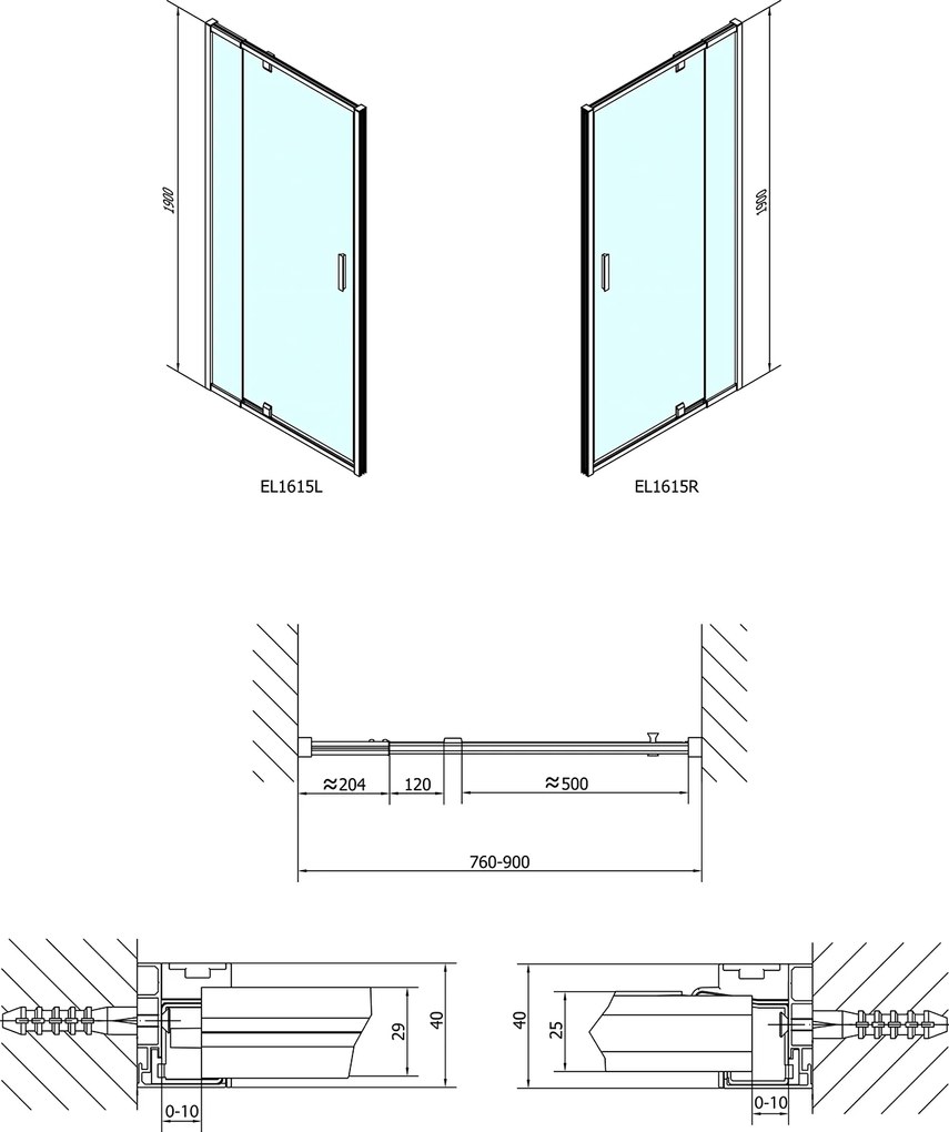 Polysan Polysan, EASY LINE otočné sprchové dveře 760-900mm, čiré sklo, EL1615