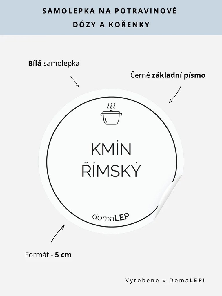 Samolepka na kořenky KMÍN ŘÍMSKÝ bílá 5 cm základní písmo