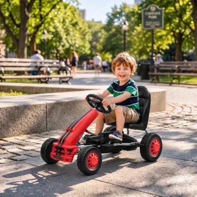 AIYAPLAY Go-Kart pro děti od 3 let s nastavitelným sedadlem, volantem, ruční brzdou, hliníkovým a ocelovým rámem, nosnost 30 kg, červený