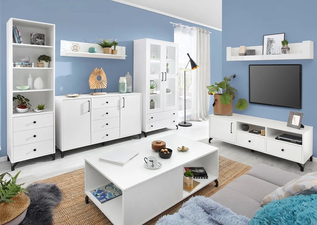 BERGEN | TV stolek BE8 | 140 cm | se zásuvkami a dvířky | bílá mat/bílá lesk