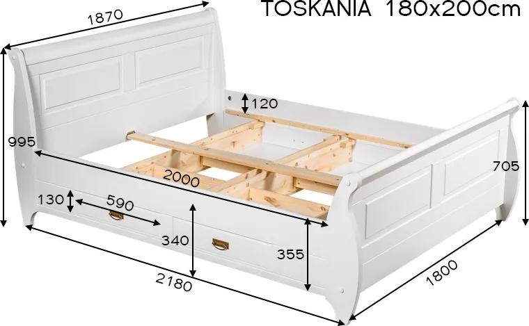 Bílý nábytek Postel Toskania 180 se šuplíky, borovice, masiv, bílá, 180 x 200 cm, TAHOMA