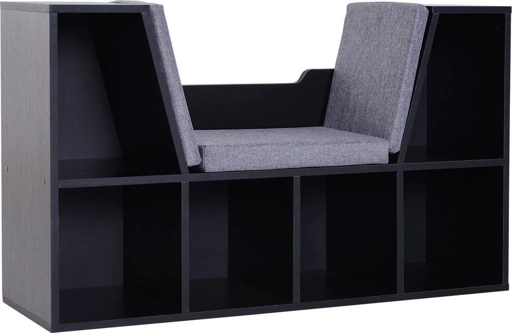 HOMCOM Dvoudílná knihovna s moderním designem a lavičkou, 6 přihrádek a 3 polštáře, 102D x 30Š x 61V cm, Černá Šedá