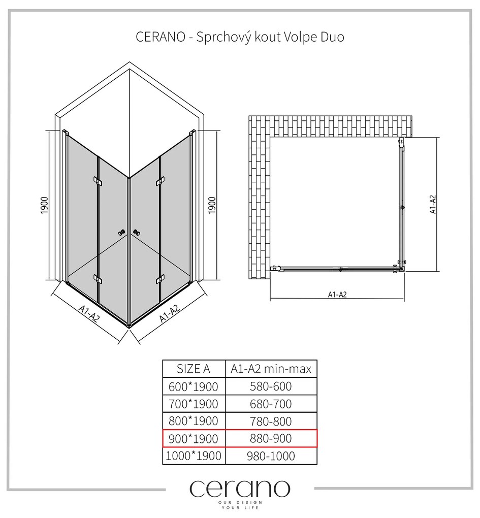 CERANO - Sprchový kout Volpe Duo L/P - černá matná, transparentní sklo - 90x90 cm - skládací