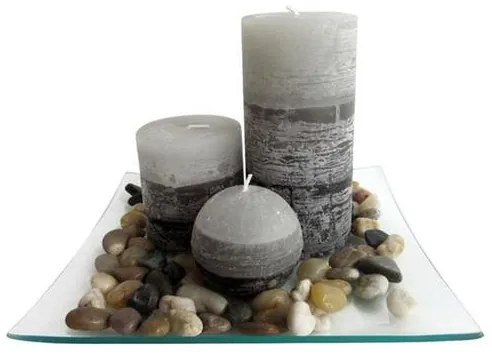 TORO Dárkový set 3 svíčky s vůní jasmín na skleněném podnosu s kameny