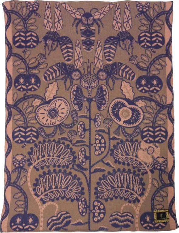 Vlněná deka Bees Peach 130x170, hnědo-modrá