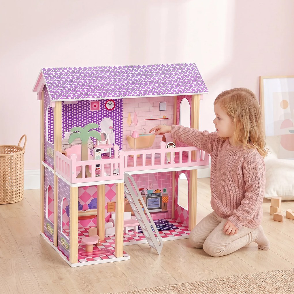 AIYAPLAY Domeček pro panenky 69 cm vysoký, 2patrový s 2 panenkami, 11 kusy nábytku, žebříkem, balkónem, velký pro dívky od 3 do 6 let, růžový