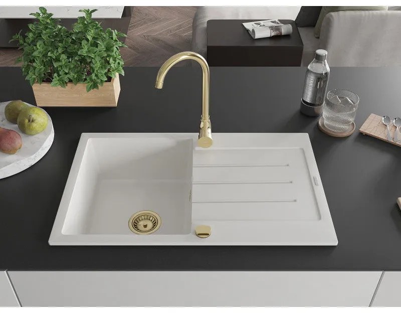 Mexen Bruno, granitový dřez 795x495x200 mm, 1-komorový, bílá se zlatým sifonem, 6513791010-20-G