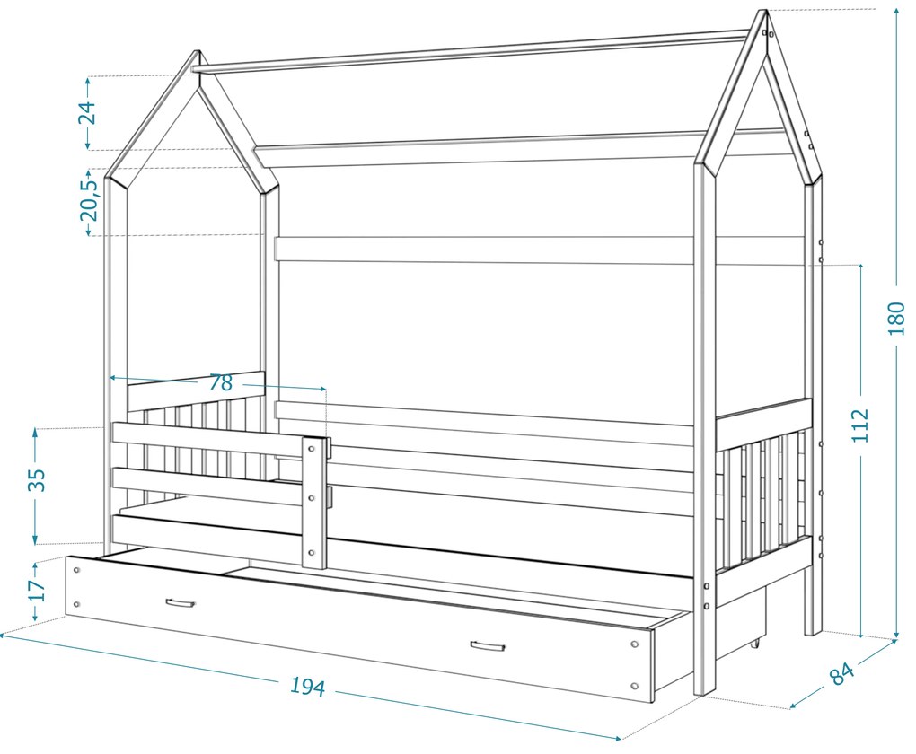 BabyBeds Dětská postel domeček se zábranou a úložným prostorem šedá Velikost postele: 160x80 cm, Barva šuplíku: Modrá