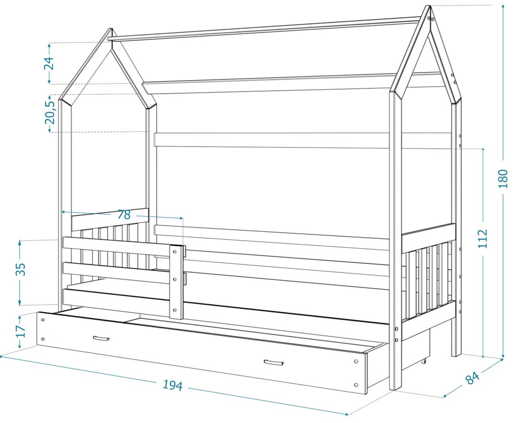 BabyBeds Dětská postel domeček se zábranou a úložným prostorem šedá Velikost postele: 190x80 cm, Barva šuplíku: Modrá