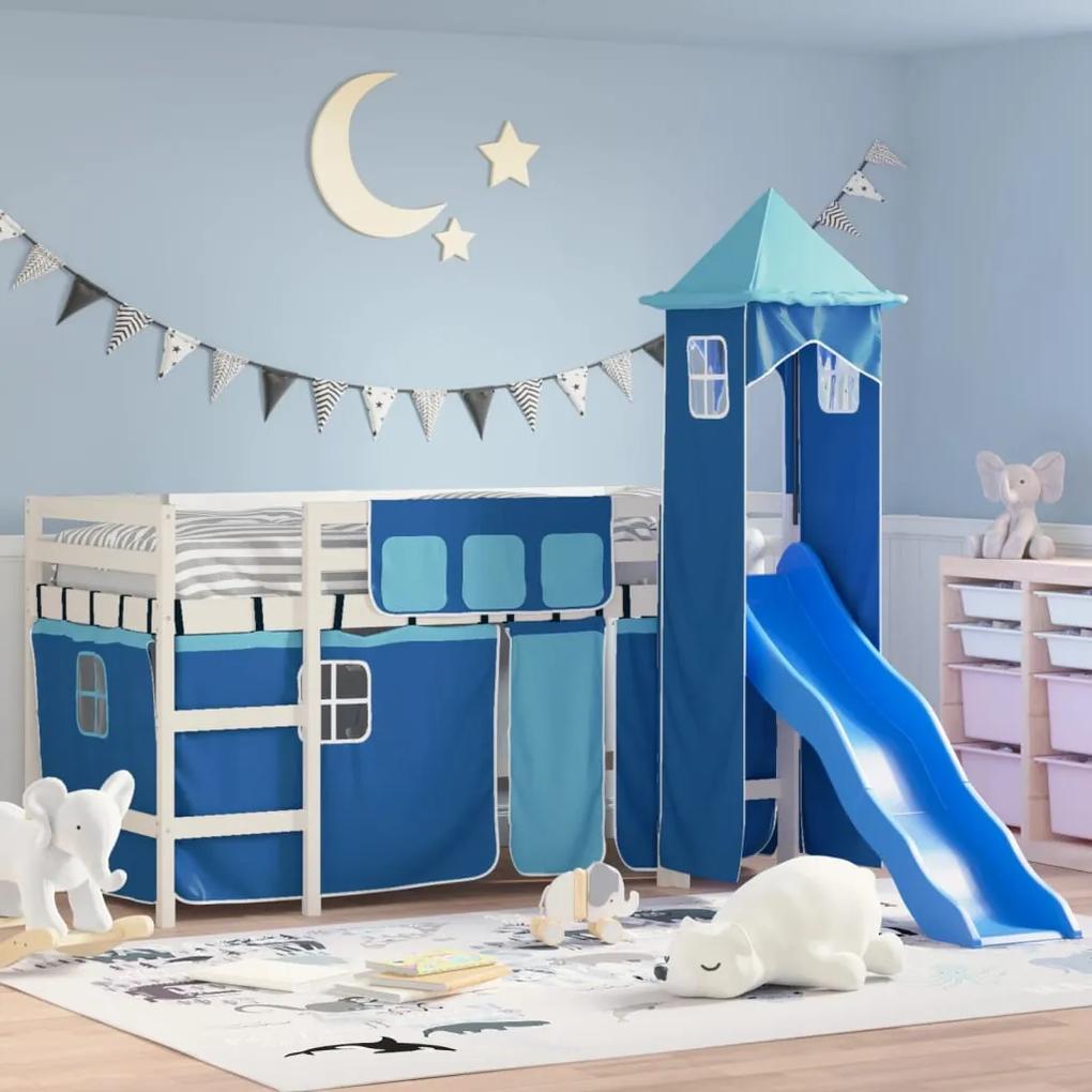 Dětská patrová postel s věží modrá 80 x 200 cm masiv borovice,  3207067