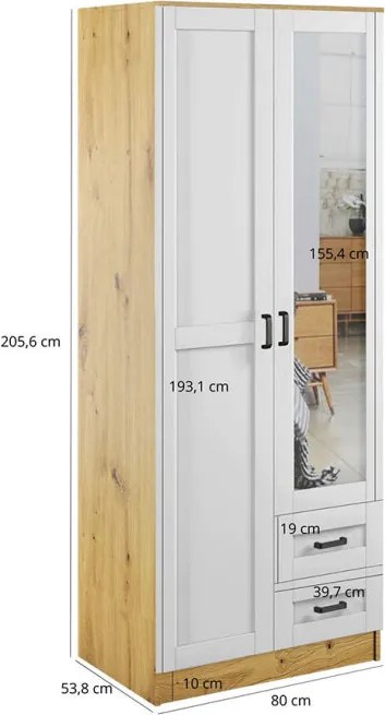 Skříň se zrcadlem 2D2S Rama dub artisan / bílá Kami