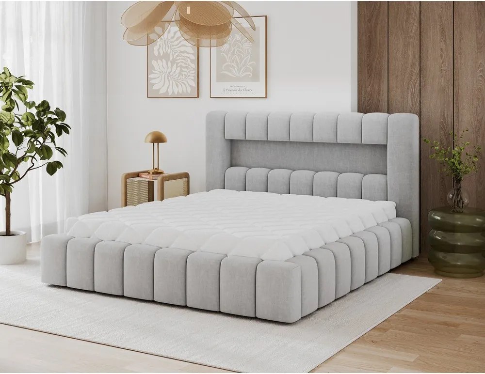 Světle šedá čalouněná dvoulůžková postel s úložným prostorem s roštem 160x200 cm Lamica – ELTAP