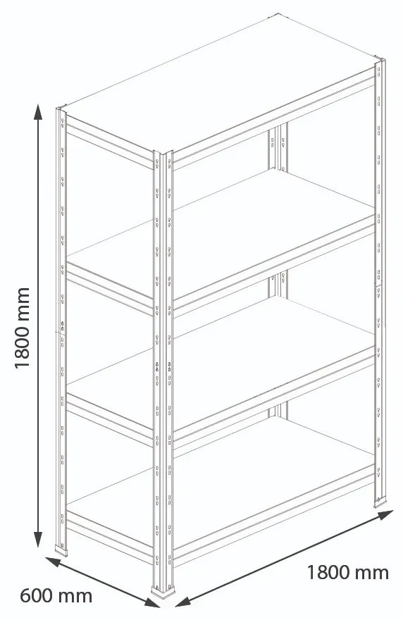 Bezšroubový kovový regál RIVET, 180x180x60 cm, 4x HDF police, antracitová barva