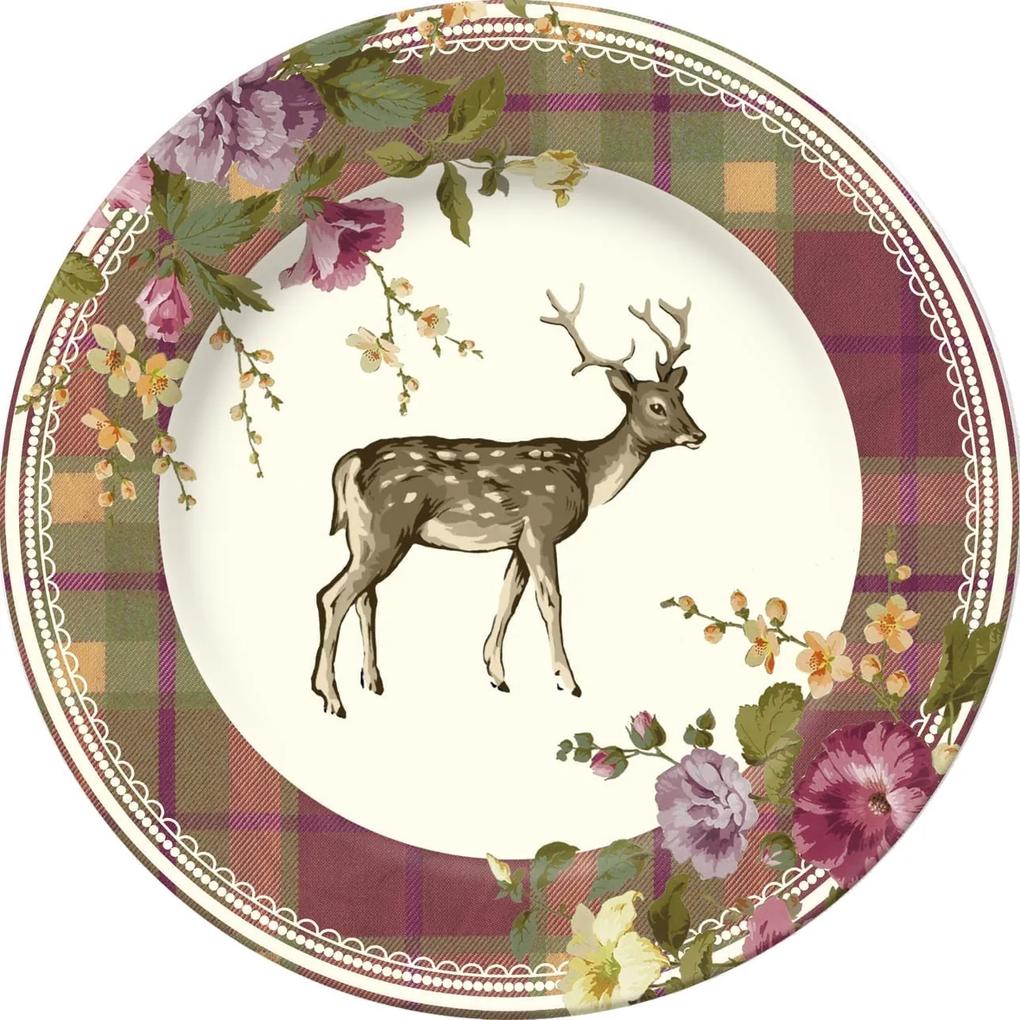 Porcelánový desertní talíř s motivem květin a jelena
