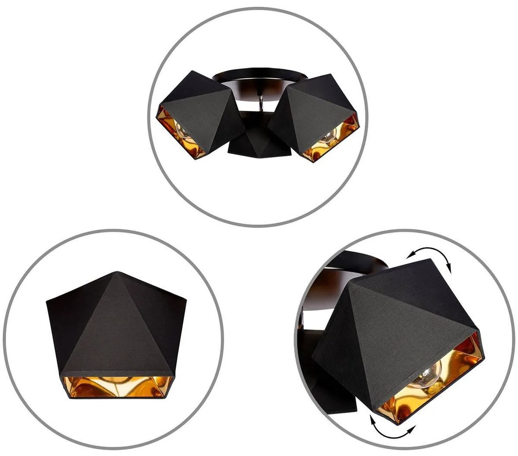 Stropní svítidlo DIAMOND GOLD, 3x černé/zlaté textilní stínítko, (možnost polohování), O