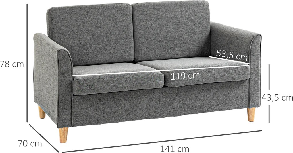 Dvoumístná pohovka HOMCOM útulná pohovka s odnímatelnými lněnými polštáři ve světle šedé barvě 141x65x78cm ideální do obývacího pokoje | Aosom.de