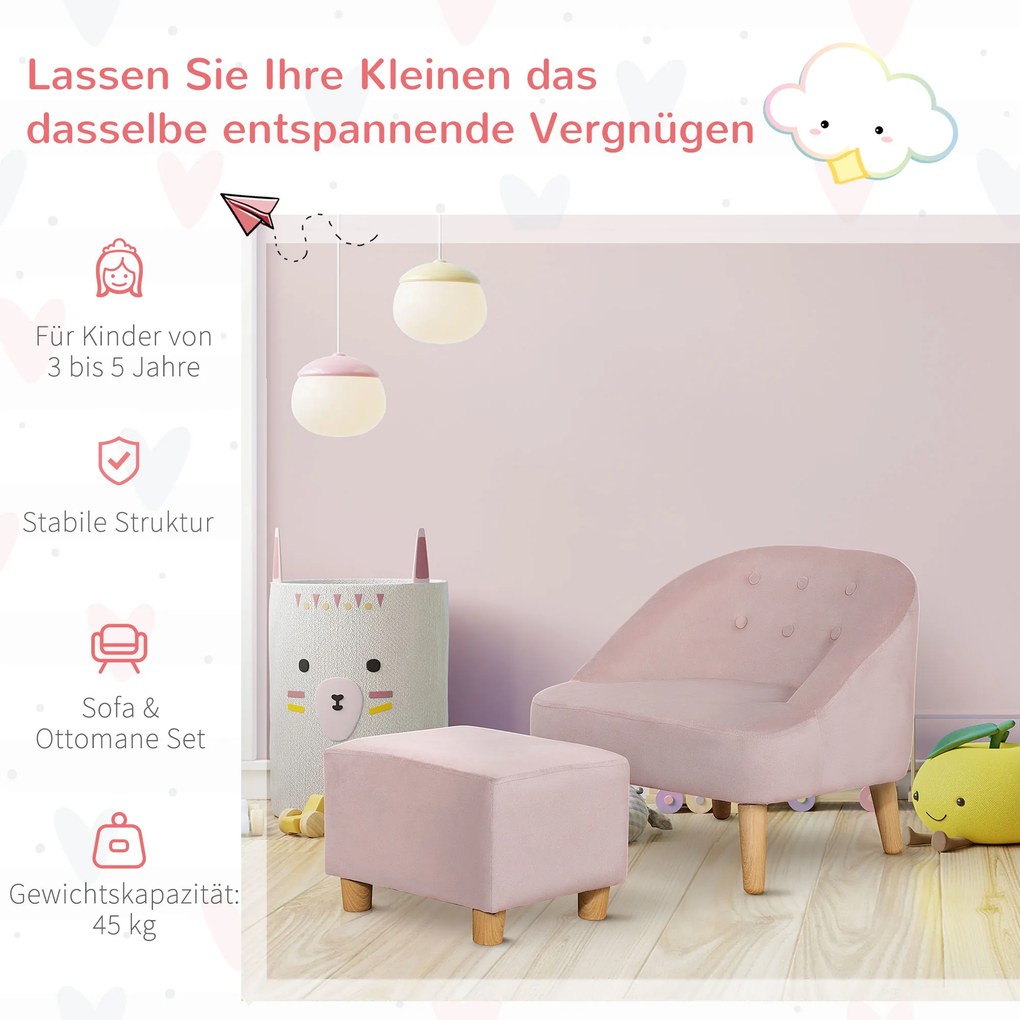 Dětské křeslo HOMCOM s otománem pro děti od 3 do 5 let, roztomilý design, sametový vzhled, 51 x 50 cm, růžová