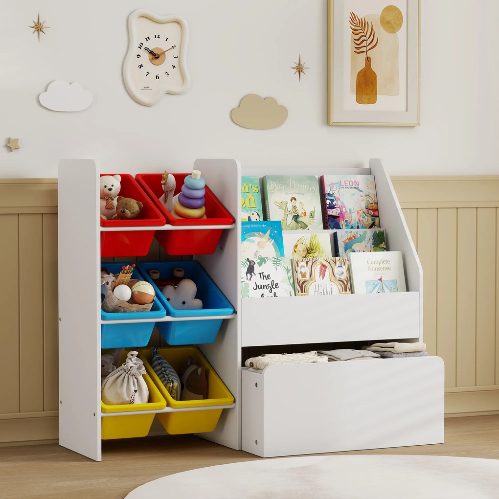 AIYAPLAY úložný nábytek pro děti, úložný box na hračky s 6 vyjímatelnými boxy a velkou pojízdnou krabicí, 100x30x80 cm, vícebarevný