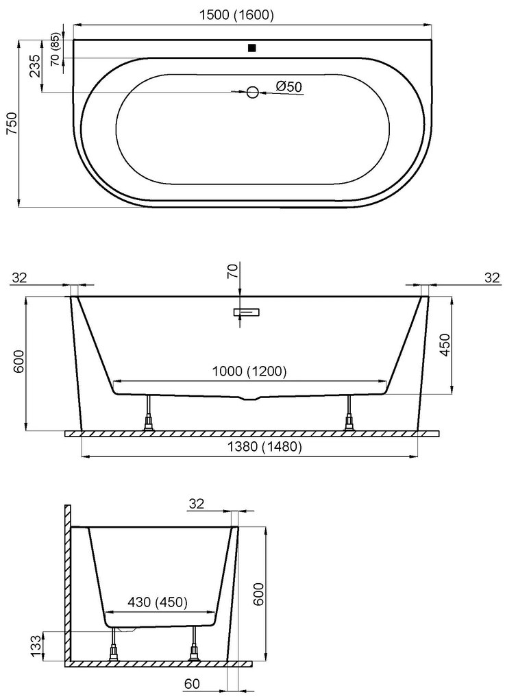 Polimat Akrylátová volně stojící vana ke stěně Sola 160x75 Rozměry (cm): 160x75, Barva vany: Bílá / černá lesk