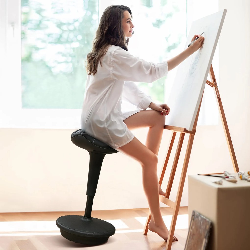 Vinsetto ergonomická otočná sedlová stolička — výškově nastavitelná 65,5–83,5 cm, náklon 120°, protiskluzová, černá