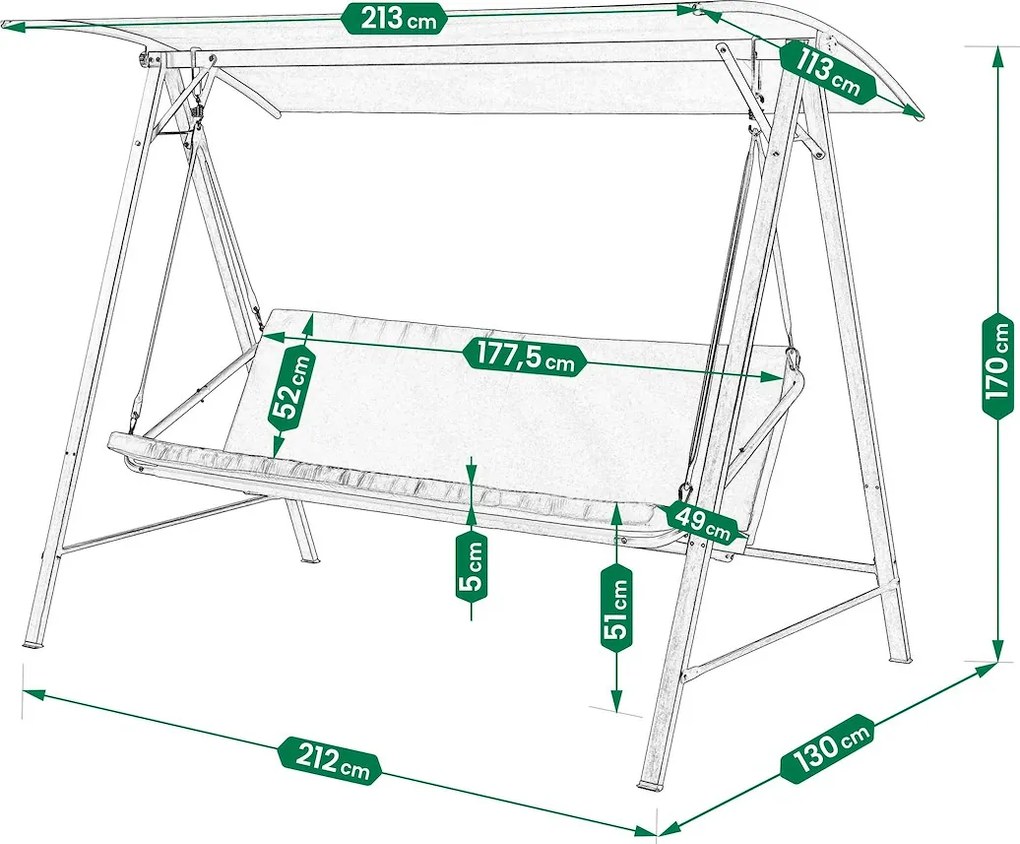 JU Zahradní houpačka pro 3 osoby 223 x 133 x 172 cm