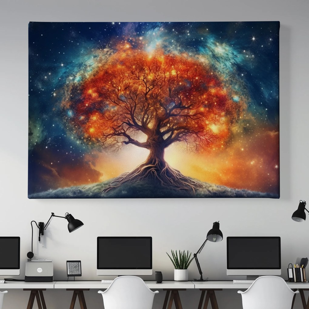 Obraz na plátně - Zářící strom života s vesmírem FeelHappy.cz Velikost obrazu: 150 x 100 cm