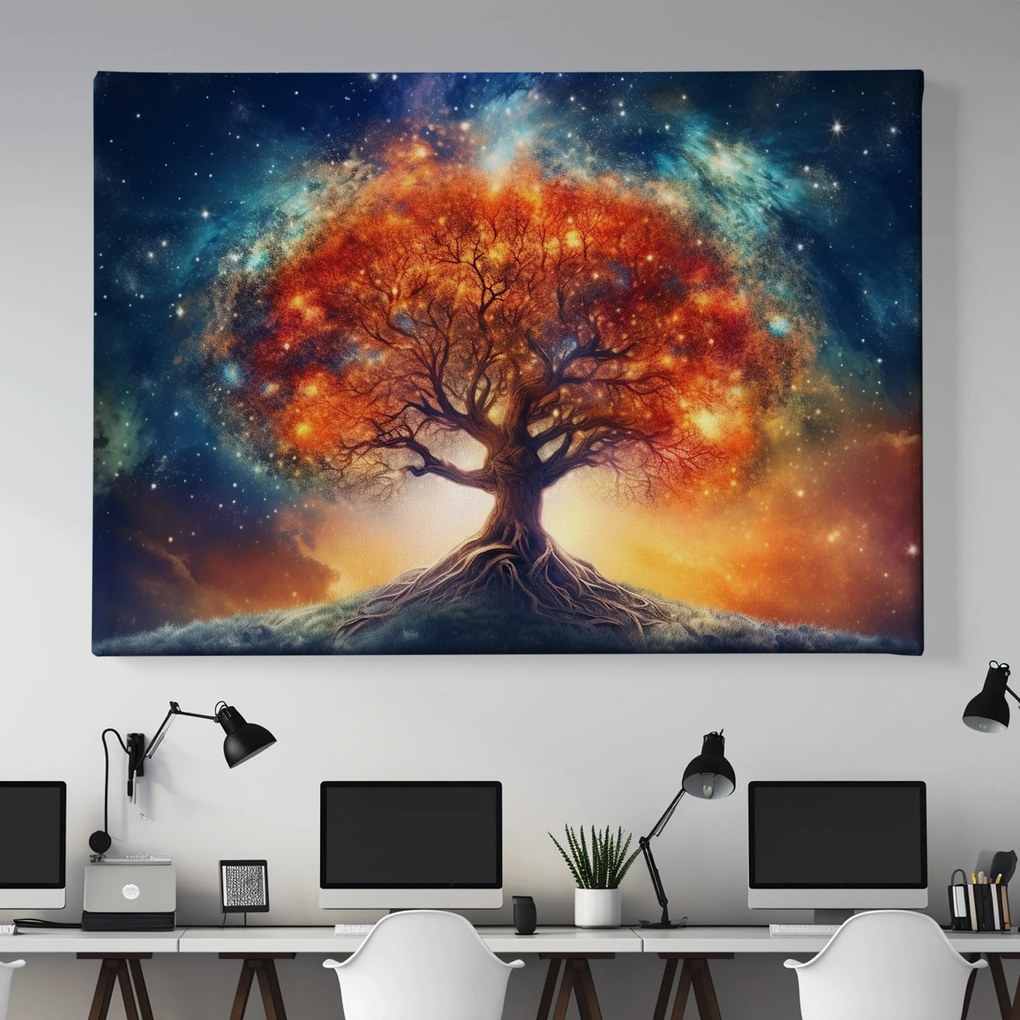 Obraz na plátně - Zářící strom života s vesmírem FeelHappy.cz Velikost obrazu: 90 x 60 cm